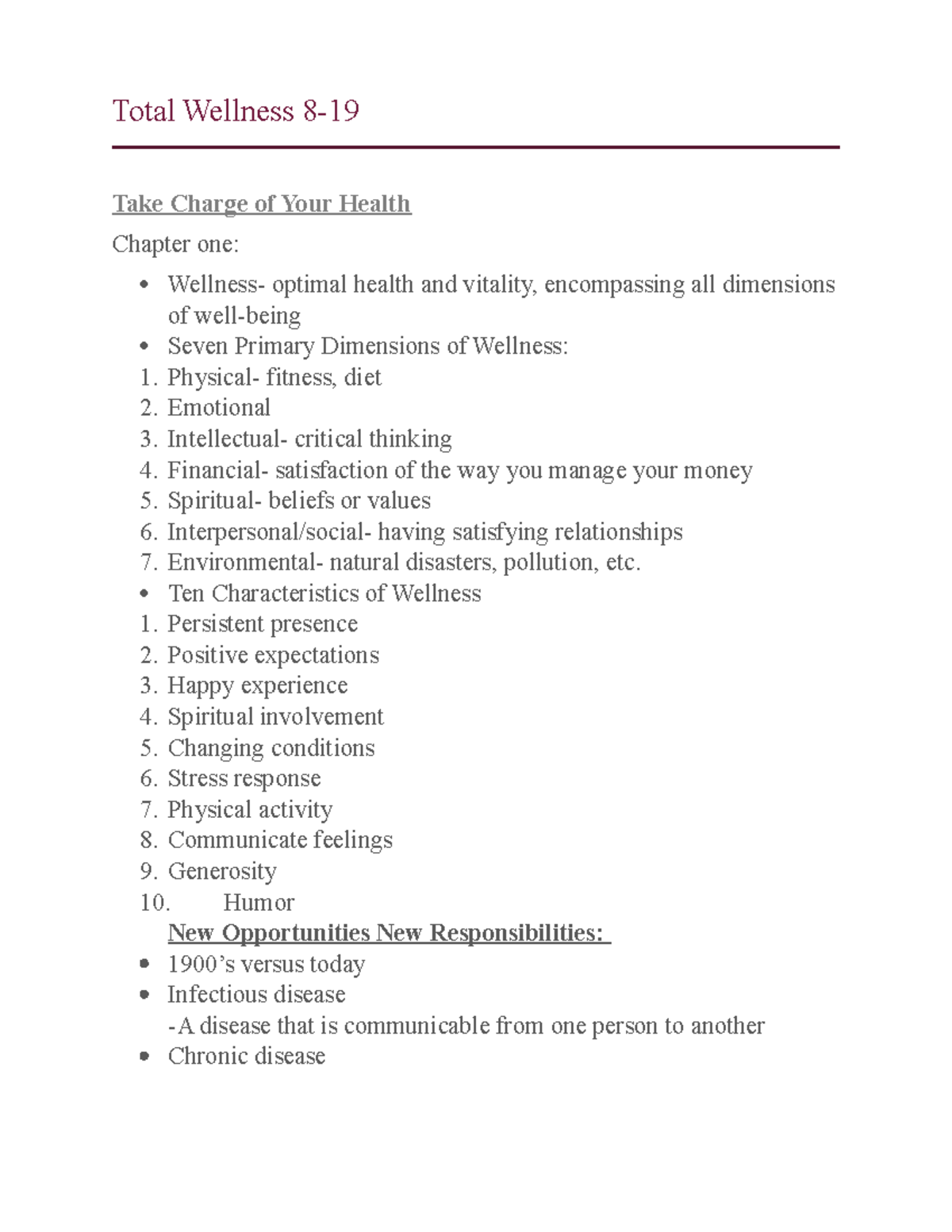 Chapter One Notes 8-19 - Total Wellness 8- Take Charge of Your Health ...