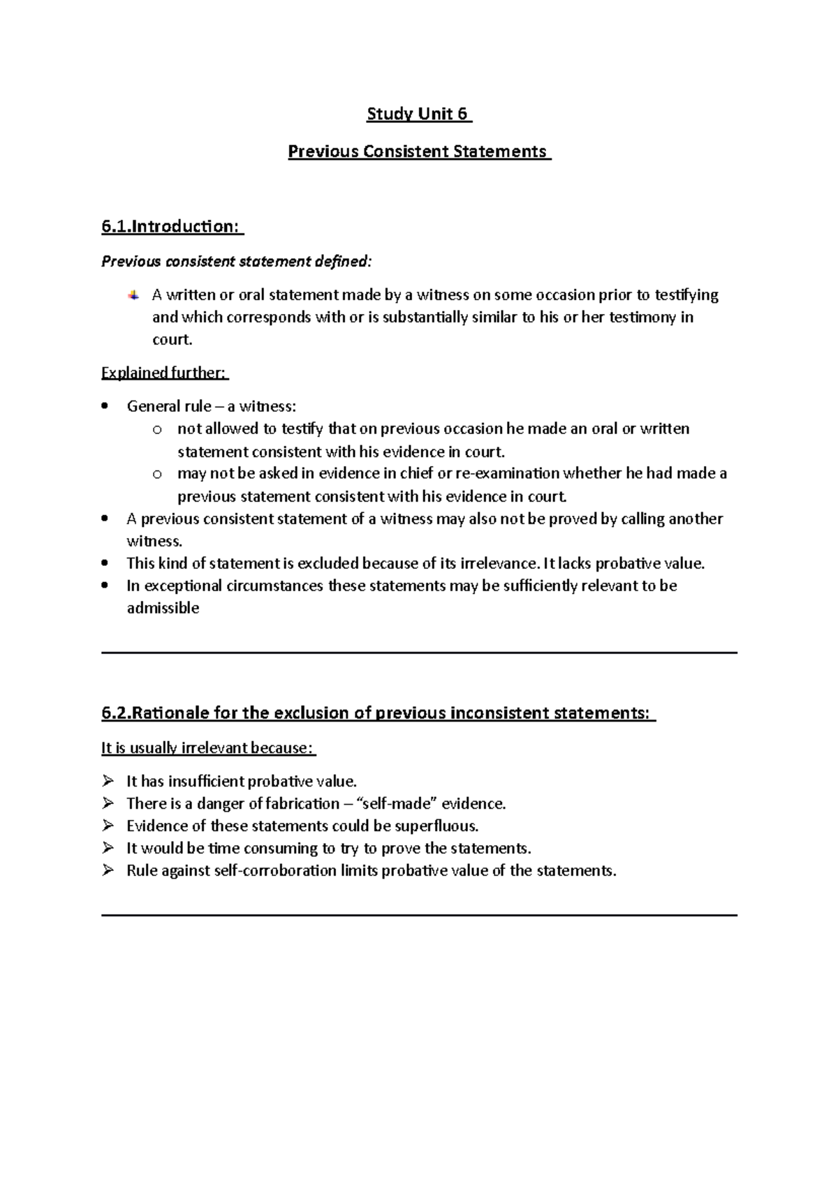 IURI371 - Study Unit 6 - Study Unit 6 Previous Consistent Statements 6. ...