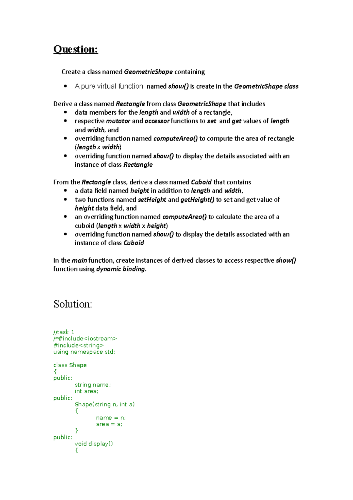 OOP task - Question: Create a class named GeometricShape containing A ...