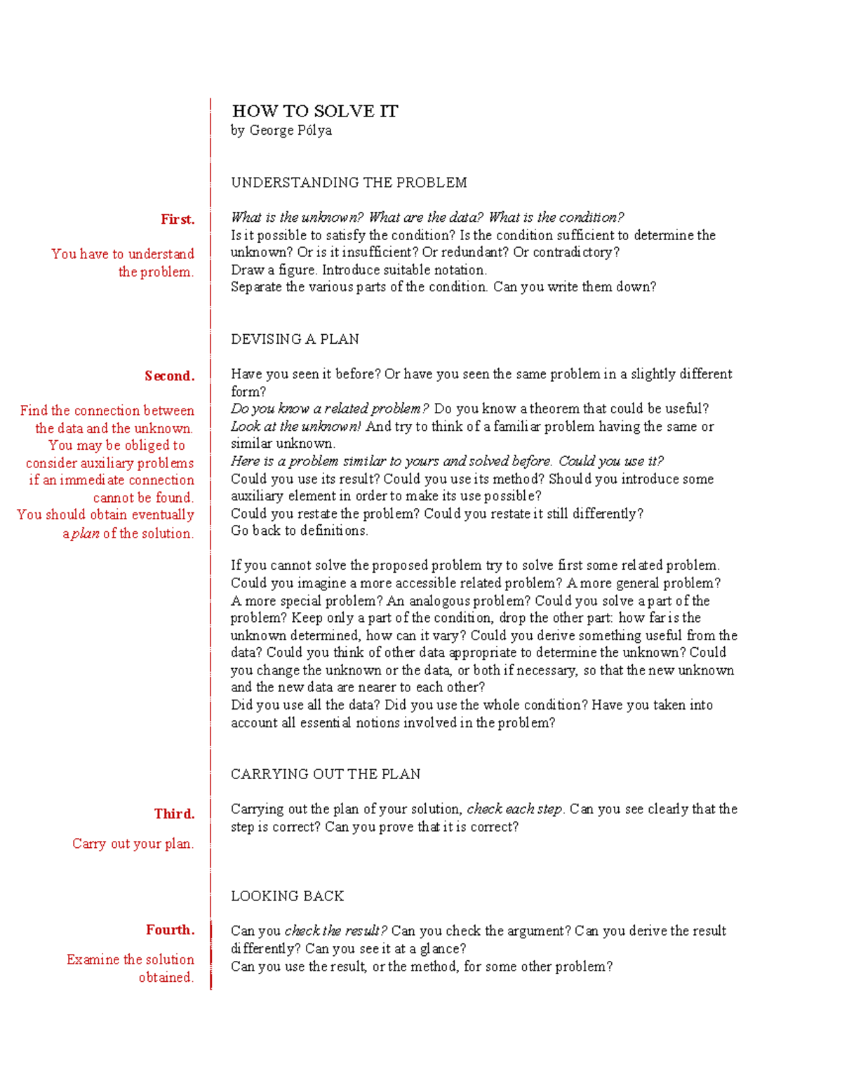 How To Solve It - lecture slides notes - Fourth. Examine the solution ...