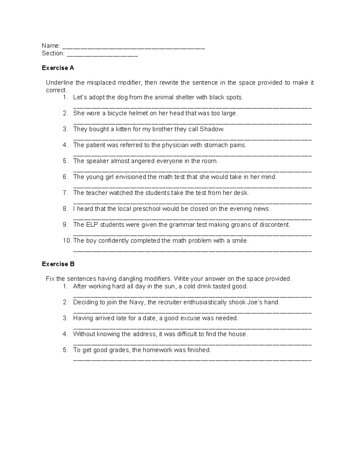 Activity Misplaced and Dangling Modifier - Name