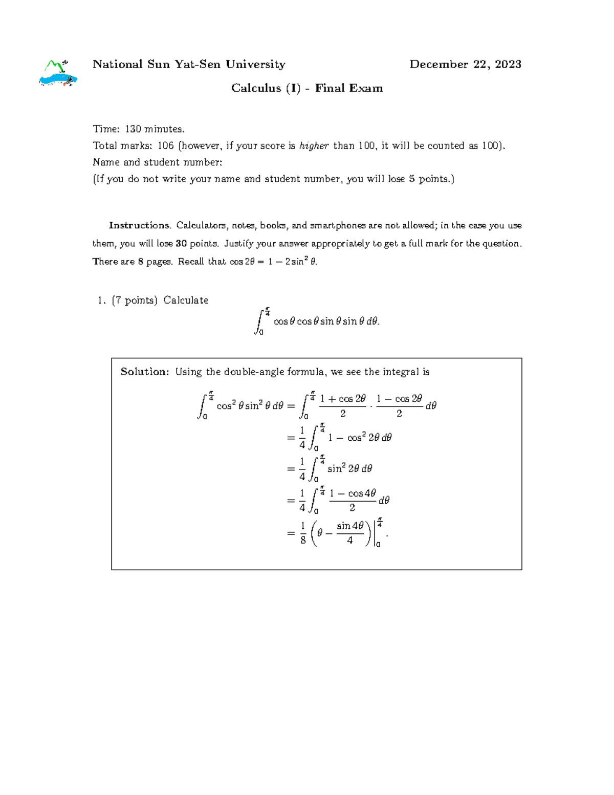 Final sol - National Sun Yat-Sen University December 22, 2023 Calculus ...
