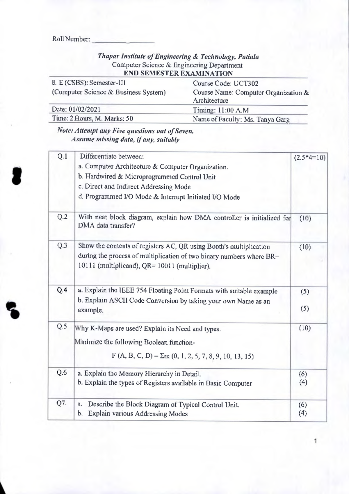 UCT302 - okkkk - Roll Number: Thapar Institute of Engineering & Technology, Patiala Computer ...