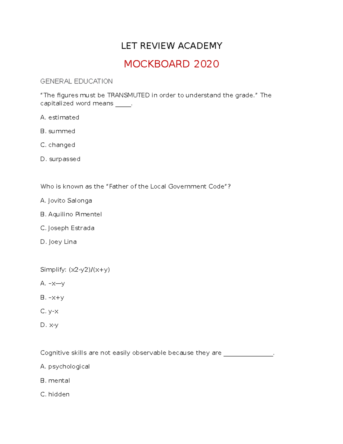 LET ACAD MOCK Board 2020 - LET REVIEW ACADEMY MOCKBOARD 2020 GENERAL ...