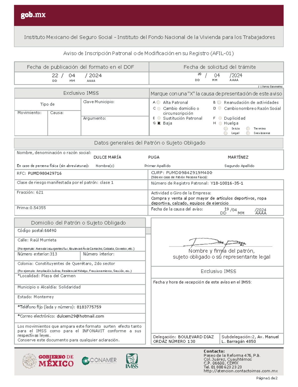 Formato DE Aviso DE Inscgripción Patronal O Modificación AFIL-01-1 - Instituto Mexicano del ...