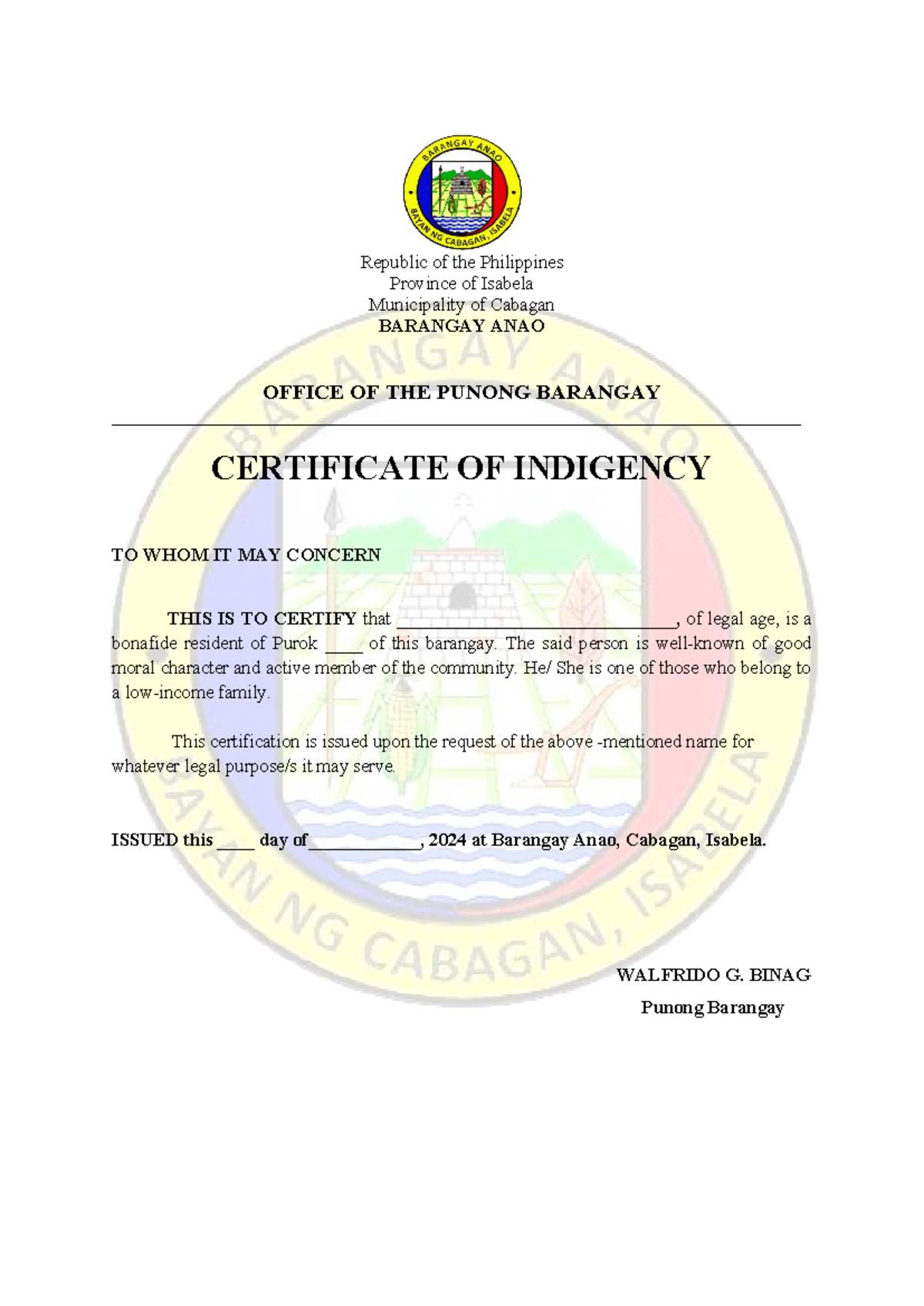 Certificate OF Indigency - Republic of the Philippines Province of ...