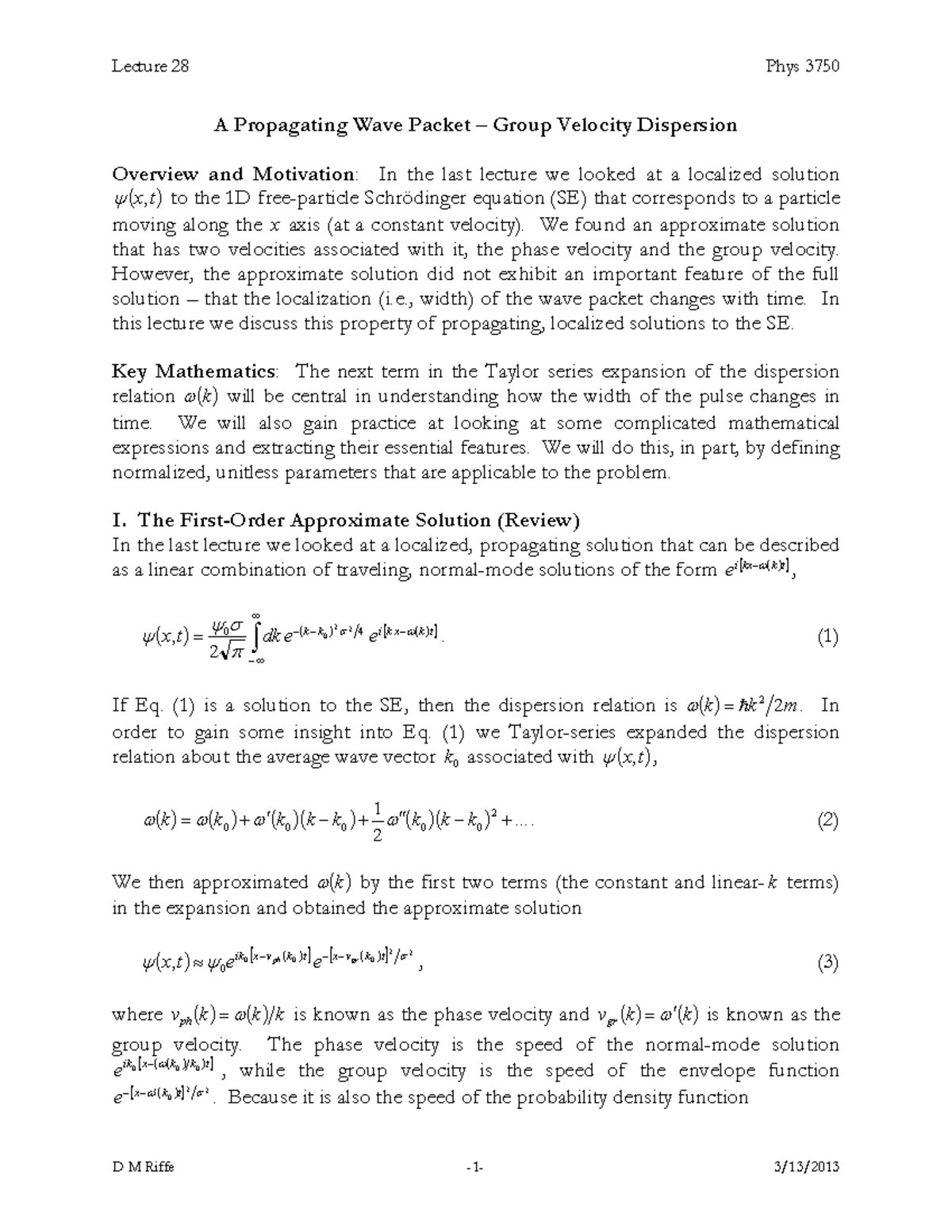 Lecture 28.pdf A propagating wave packet- group velocity dispersion - Lecture 28 Phys 3750 A ...