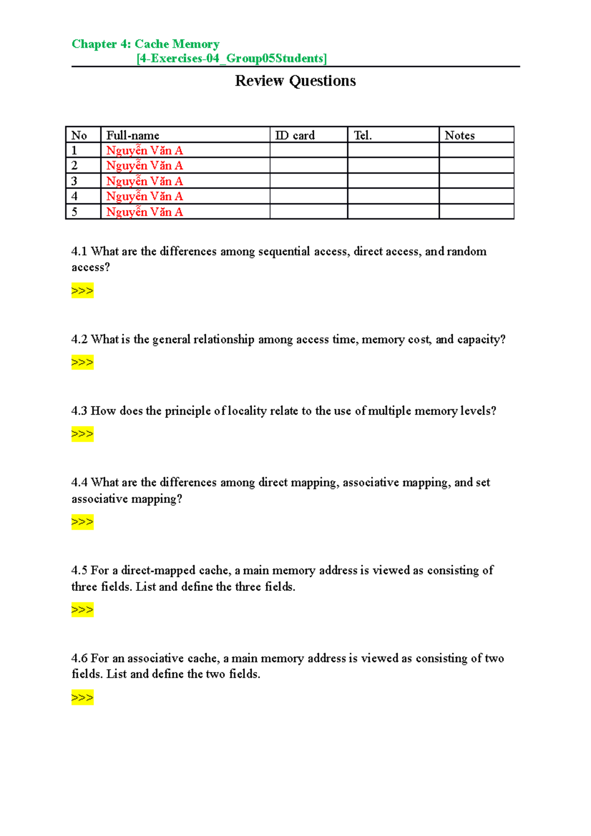 Sp23 Chapter 04 - Cache Memory - Chapter 4: Cache Memory [4-Exercises-04_Group05Students] Review ...