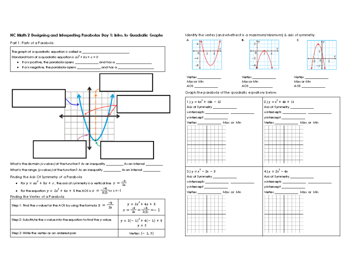 Designing and Interpreting Parabolas Notes Fall 2022 - NC Math 2 ...