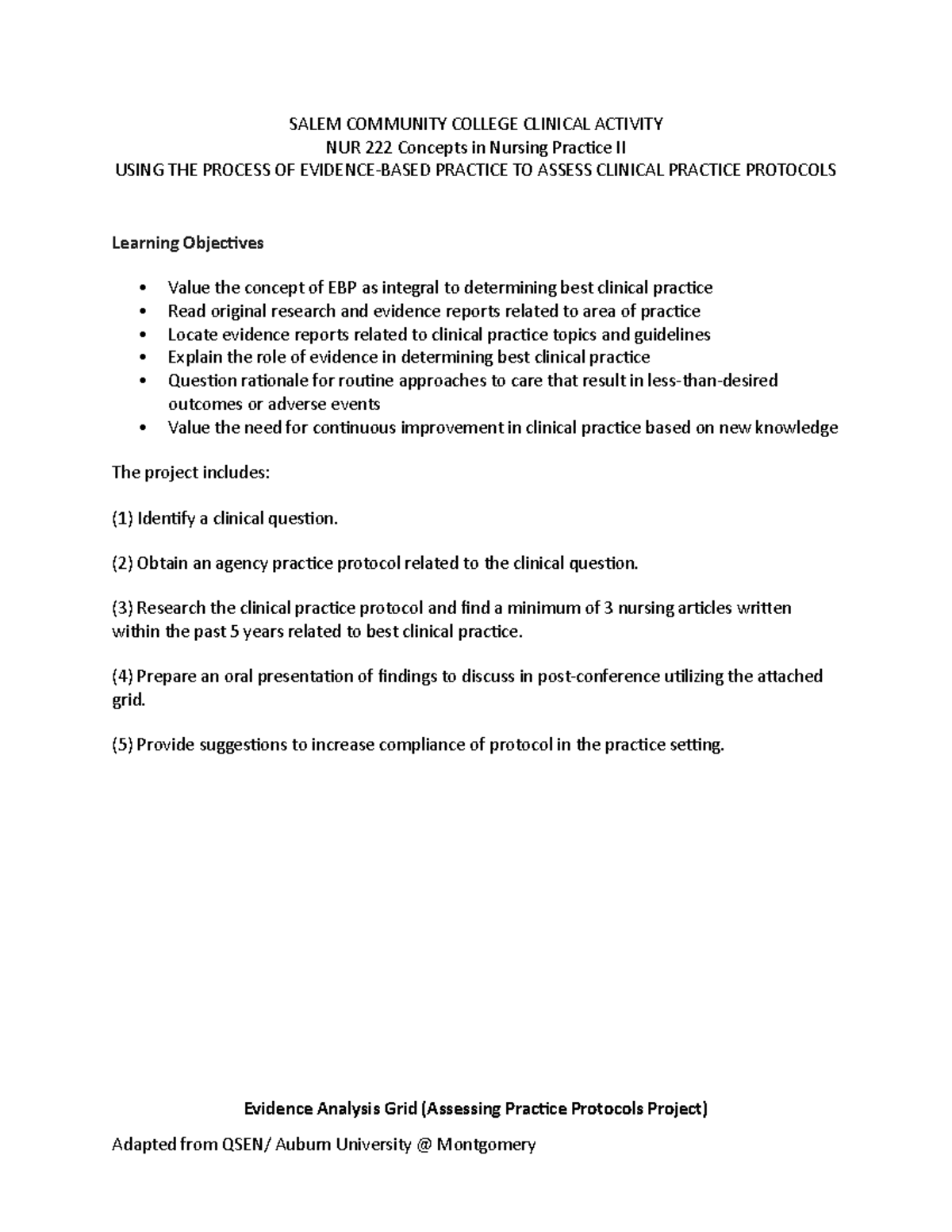 EBP Assignment 2 - SALEM COMMUNITY COLLEGE CLINICAL ACTIVITY NUR 222 ...