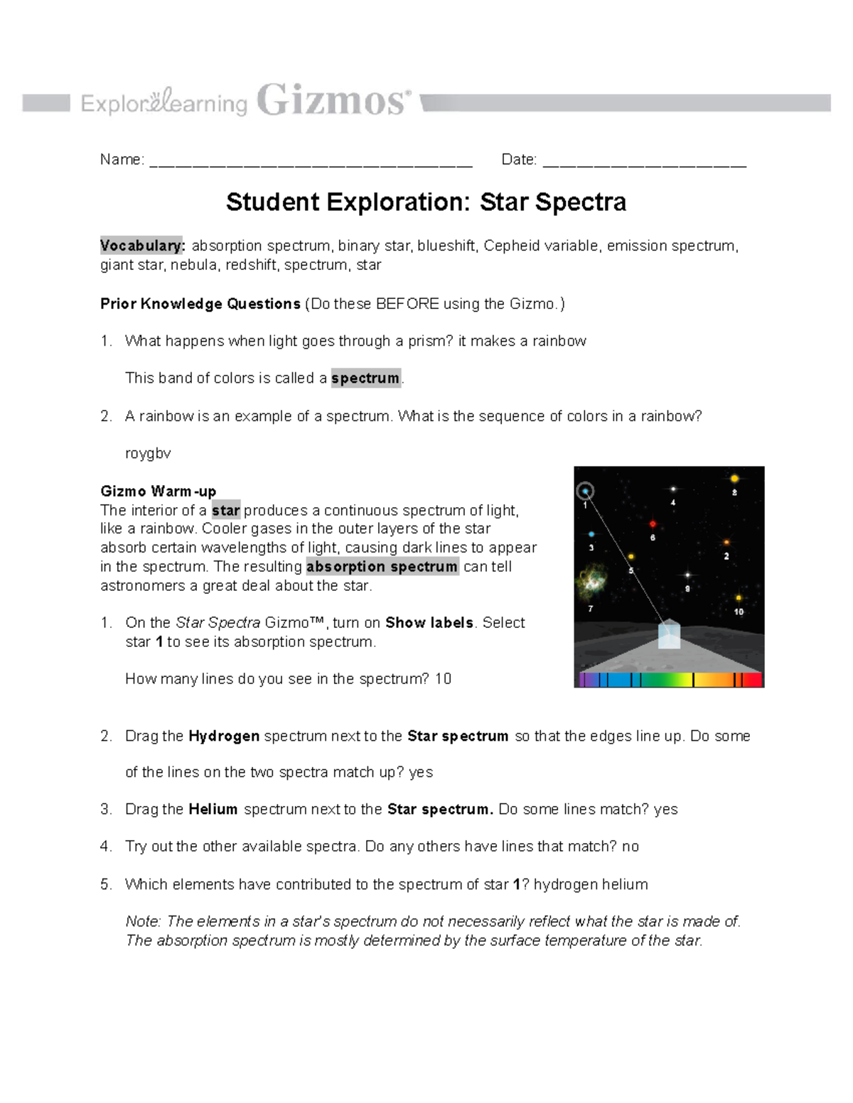 Copy Of Star Spectra Gizmo Google Docs Name