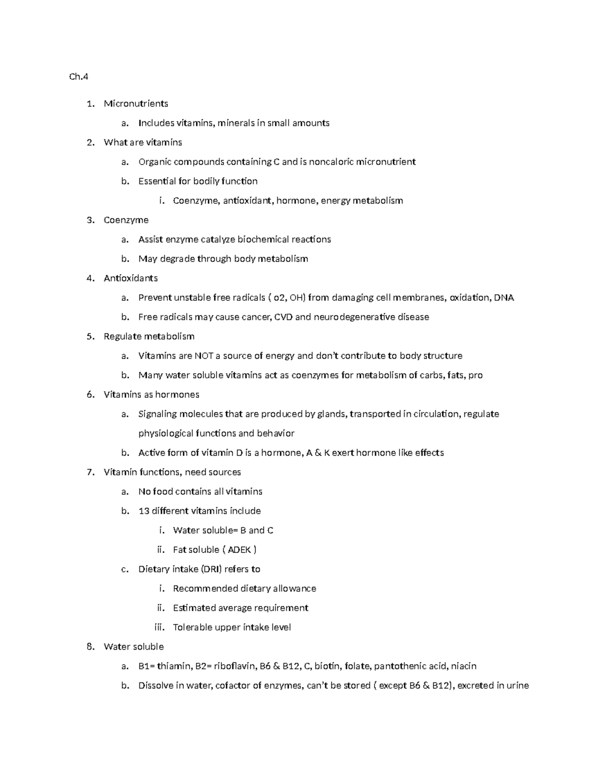 Test review 2 - Ch. Micronutrients a. Includes vitamins, minerals in ...