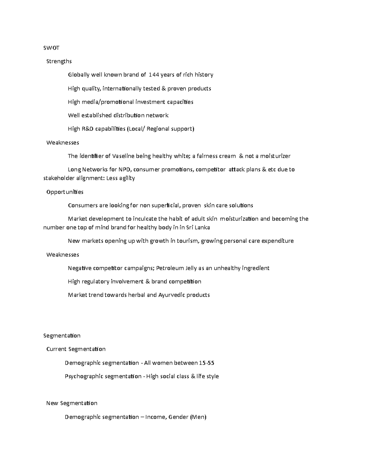 Vaseline details for FMCG assignment - SWOT Strengths Globally well ...