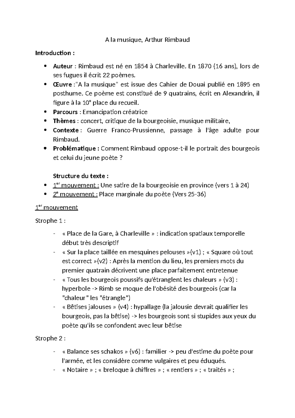 A la musique - Analyse linéaire Arthur Rimbaud - A la musique, Arthur ...