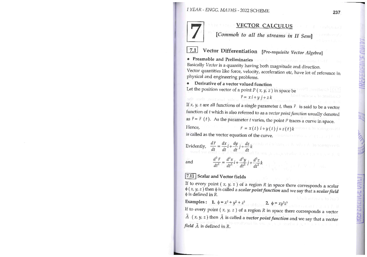 Vector Calculus I Year Engg Maths 2022 Scheme 237 Vector Calculus 7 To All The Streams In Ii 