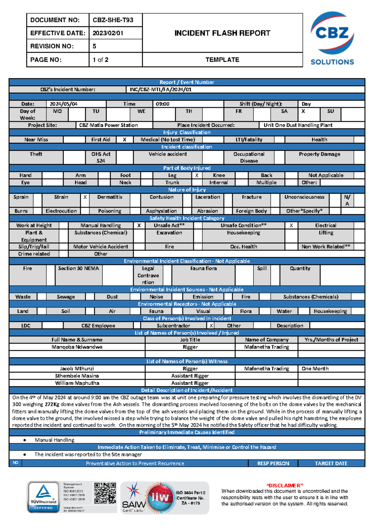 01 CBZ Matla First Aid incident flash report - DOCUMENT NO: CBZ-SHE-T ...