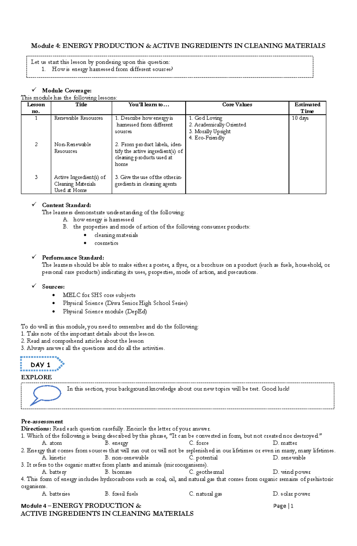 Physical Science Q1 WEEK 7 8 - Module 4 – ENERGY PRODUCTION & Page │ 1 ...