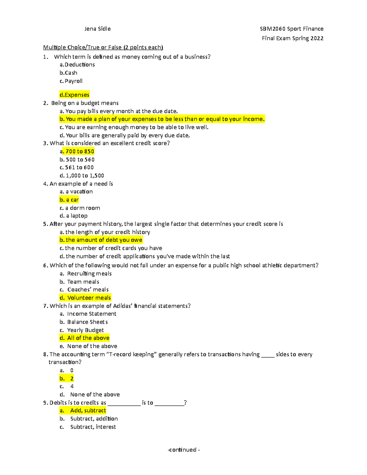 Final Exam Spring 2022 Jena Sidle - Jena Sidle SBM2060 Sport Finance ...