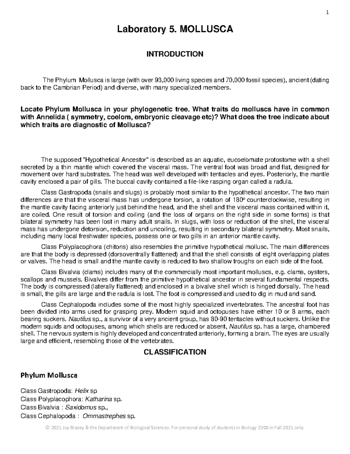 LAB 5 - lab notes - Laboratory 5. MOLLUSCA INTRODUCTION The Phylum ...