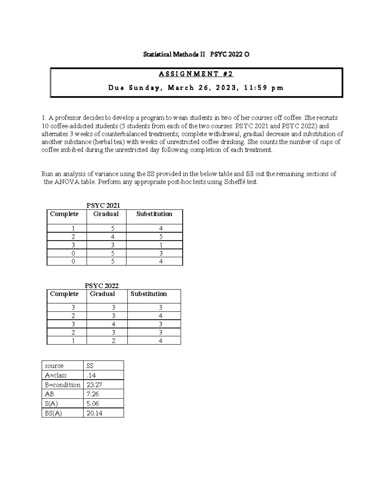 Assignment 2 / ANOVA TABLE - Statistical Methods II PSYC 202 2 O A S S I G N M E N T # 2 D u e S ...