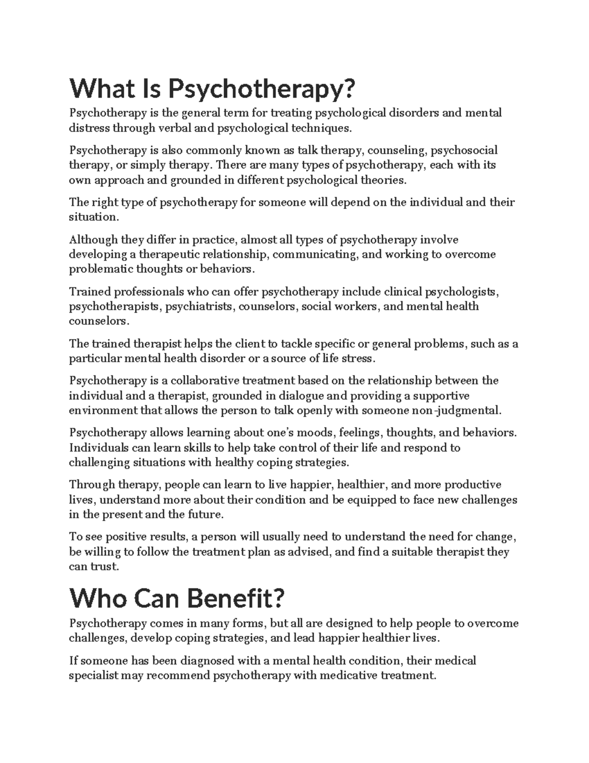 What Is Psychotherapy? Types Benefits and Who Can Benefit - Studocu