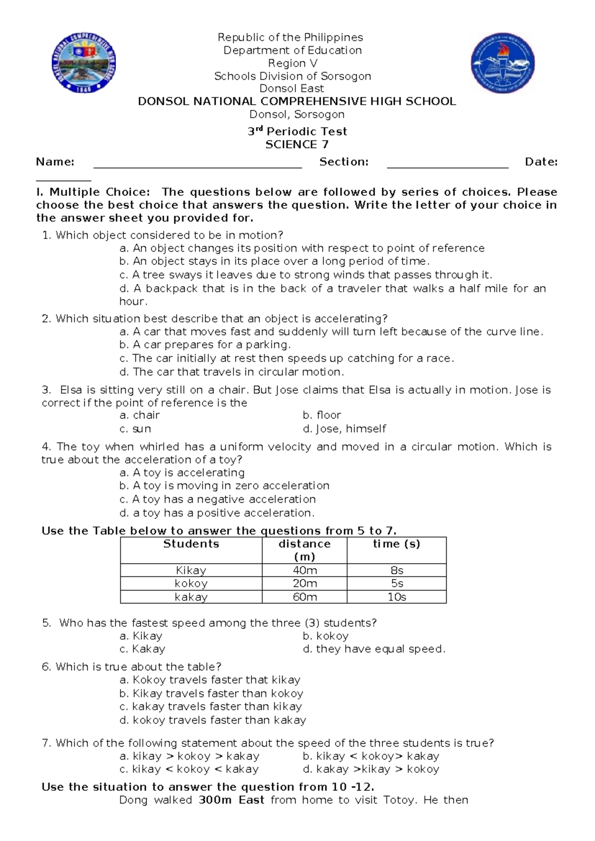3rd PT Science 7 - Republic of the Philippines Department of Education ...
