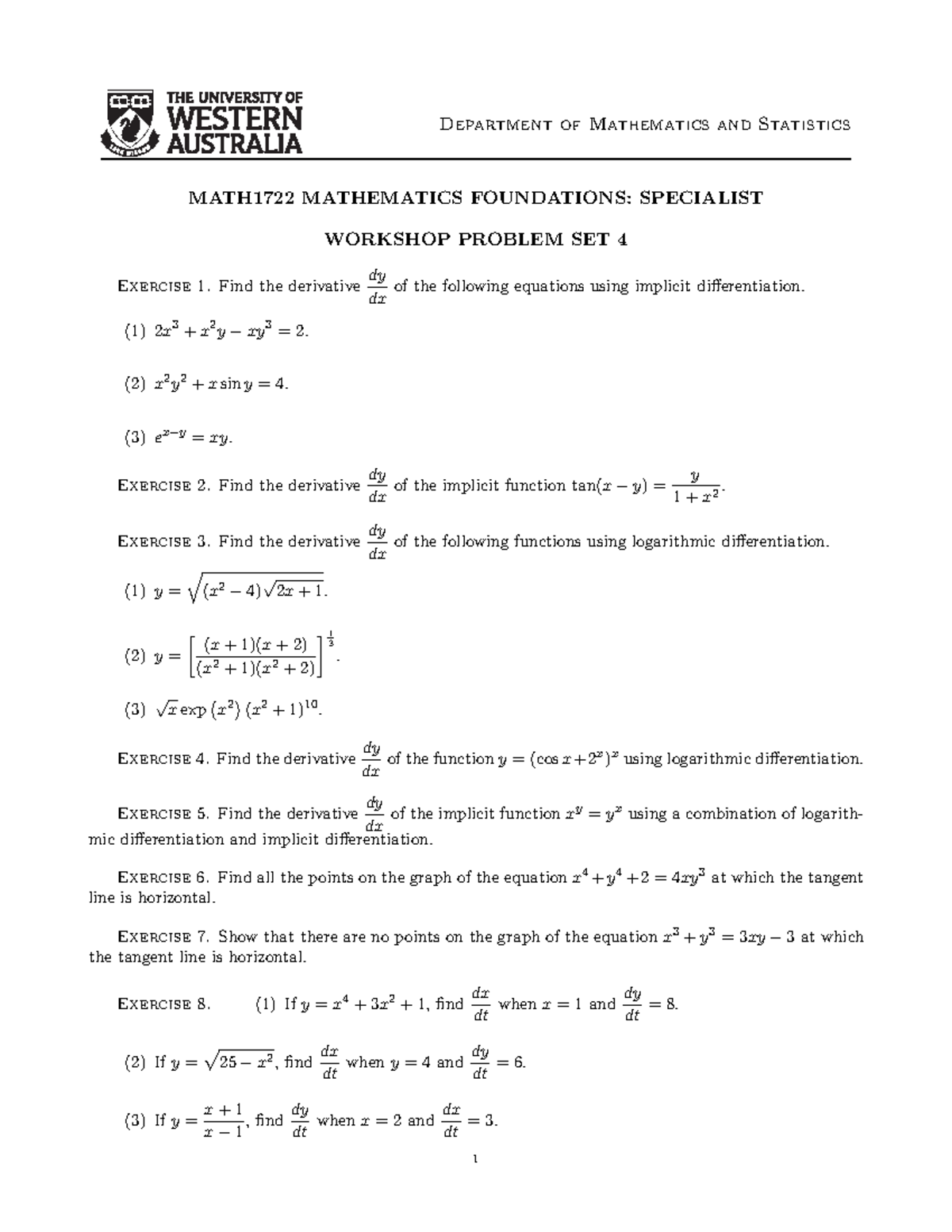 Week 4 workshop - Department of Mathematics and Statistics MATH1722 ...