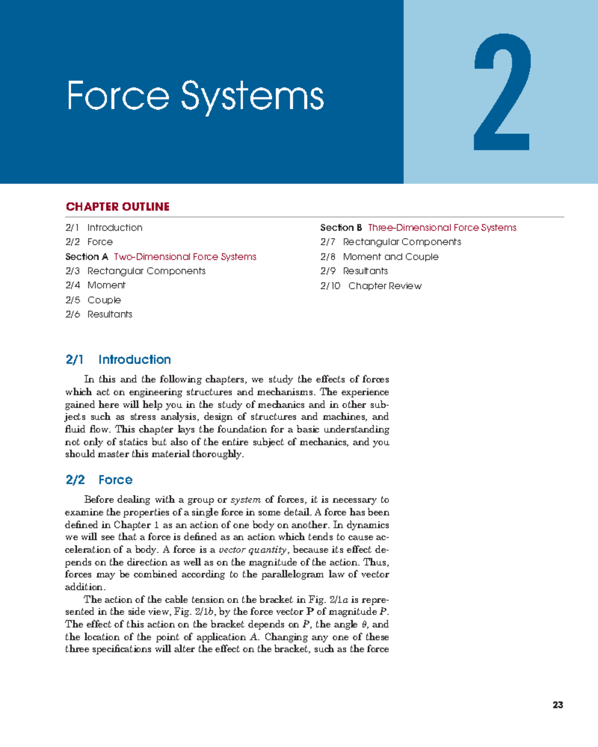 STATICS- FORCE SYSTEMS - 23 2/1 Introduction 2/2 Force Section A Two ...