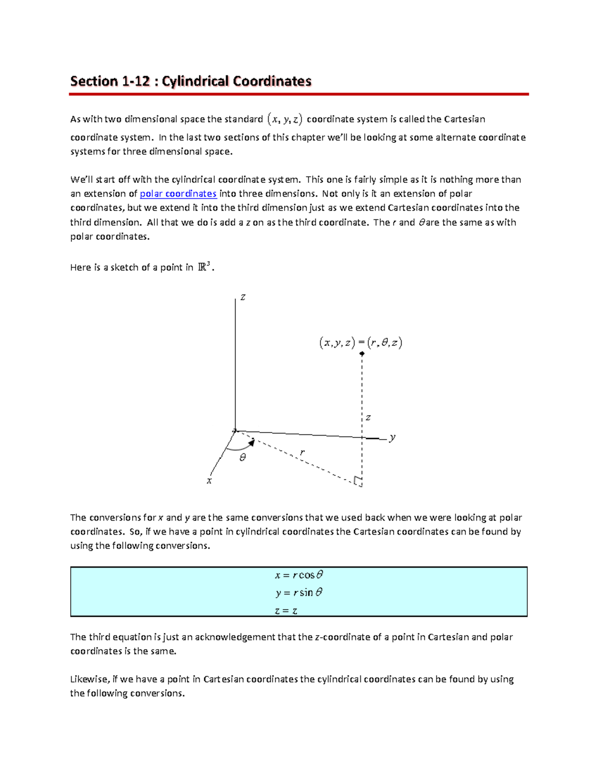 Calc III Cylindrical Coords - Section 1-12 : Cylindrical Coordinates As ...