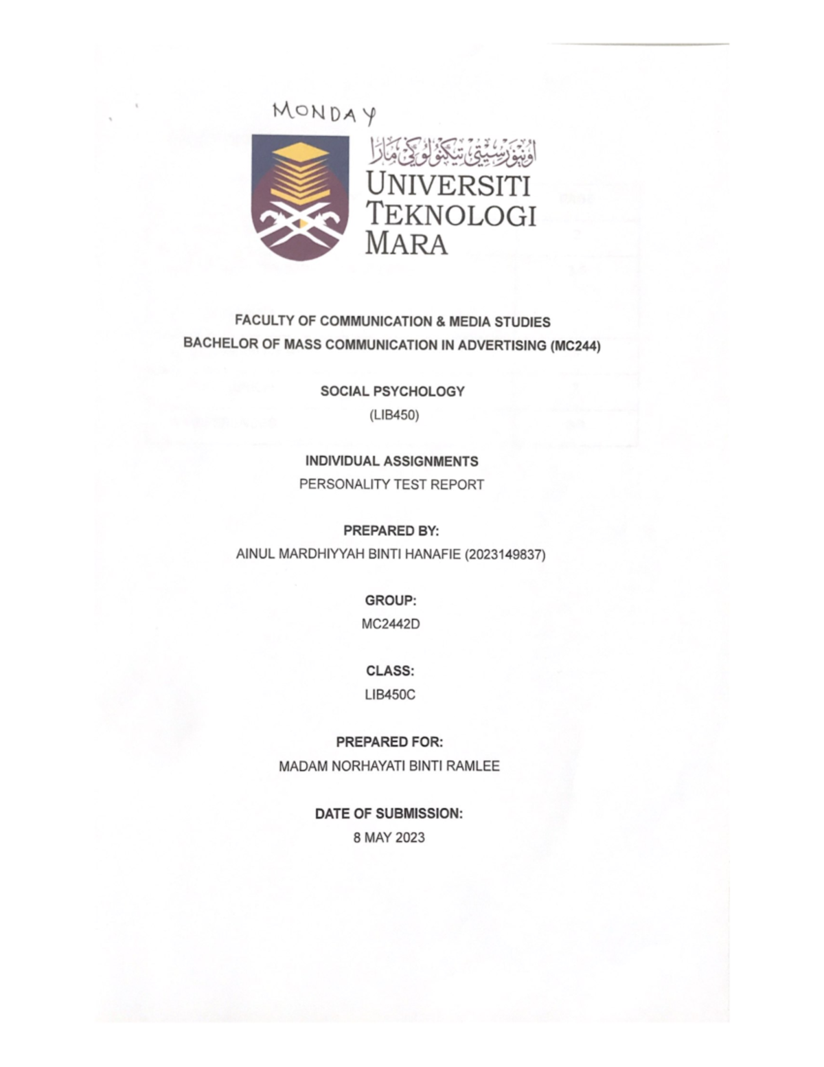 Personality TEST Example - Financial Market - Studocu