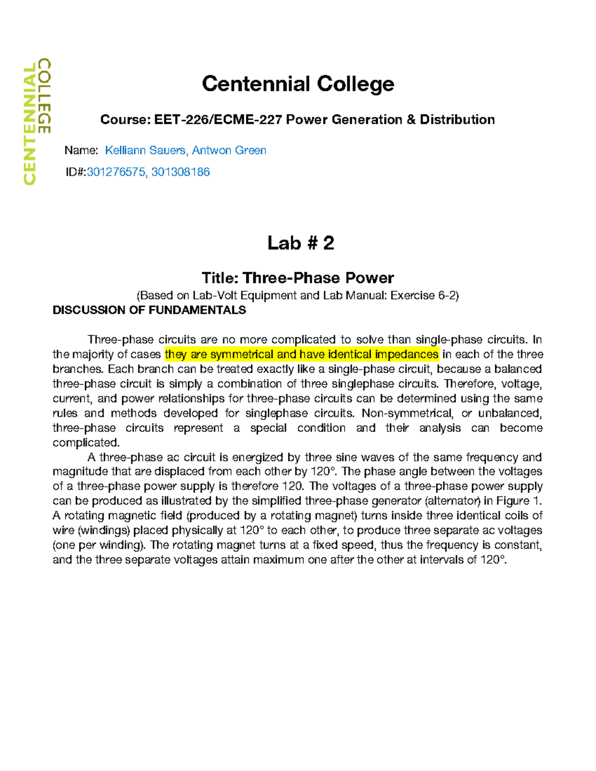 EET-226 Lab # 2 three phase power - Centennial College Course: EET-226 ...