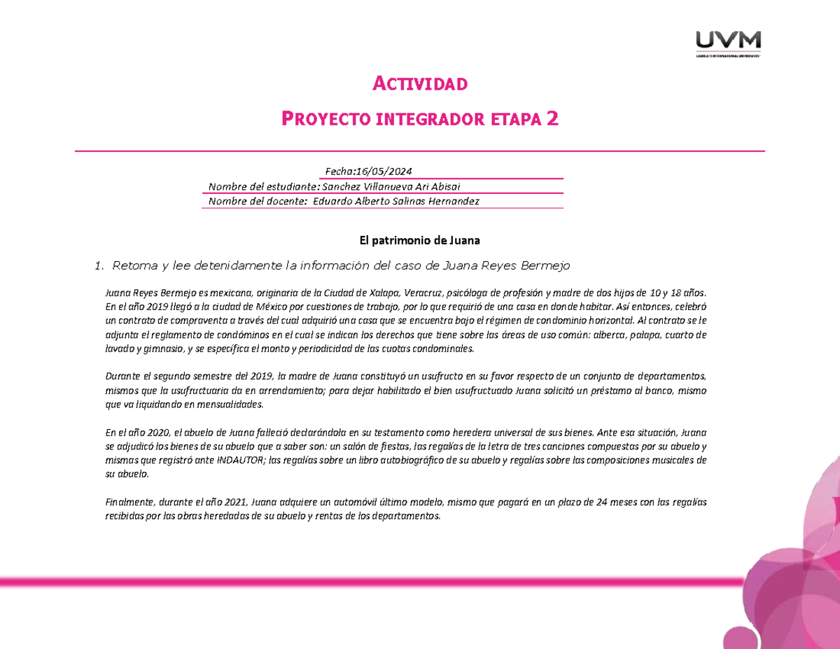 A6 proyecto integrador ASV etapa 2 - ACTIVIDAD PROYECTO INTEGRADOR ETAPA 2 Fecha: 16 / 05 / 2024 ...