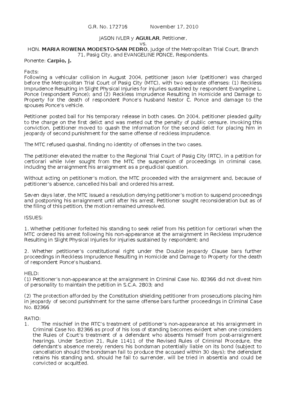 Pdfcoffee - case - G. No. 172716 November 17, 2010 JASON IVLER y ...
