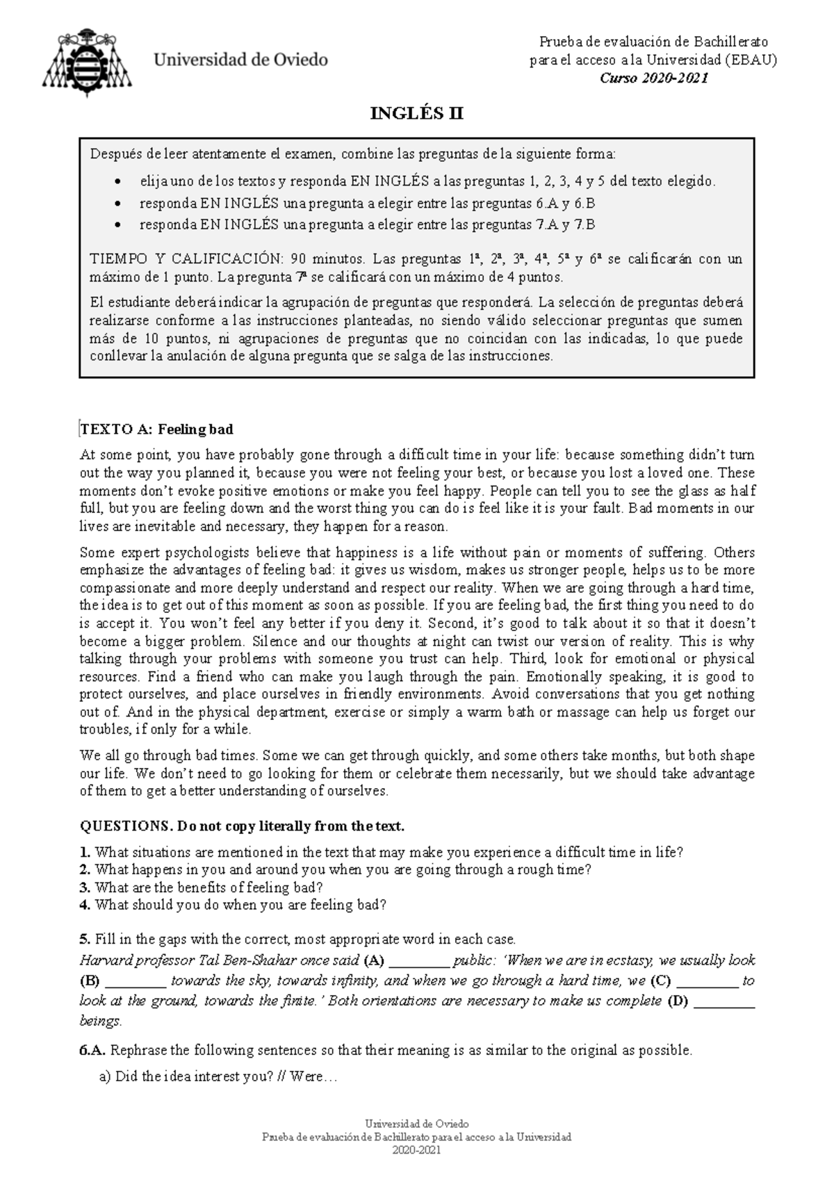 Inglés II Examen - dqw - INGLÉS II Prueba de evaluación de Bachillerato para el acceso a la ...
