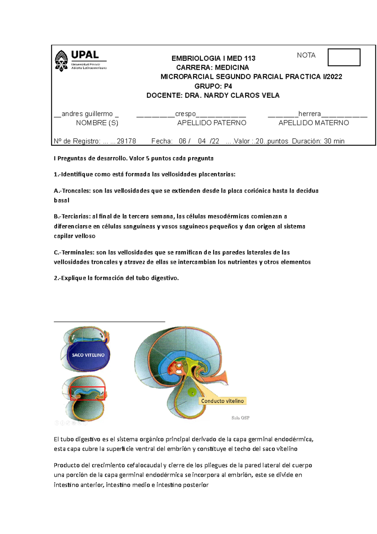 Microparcial P4 Embriologia I Med 113 Carrera Medicina Microparcial