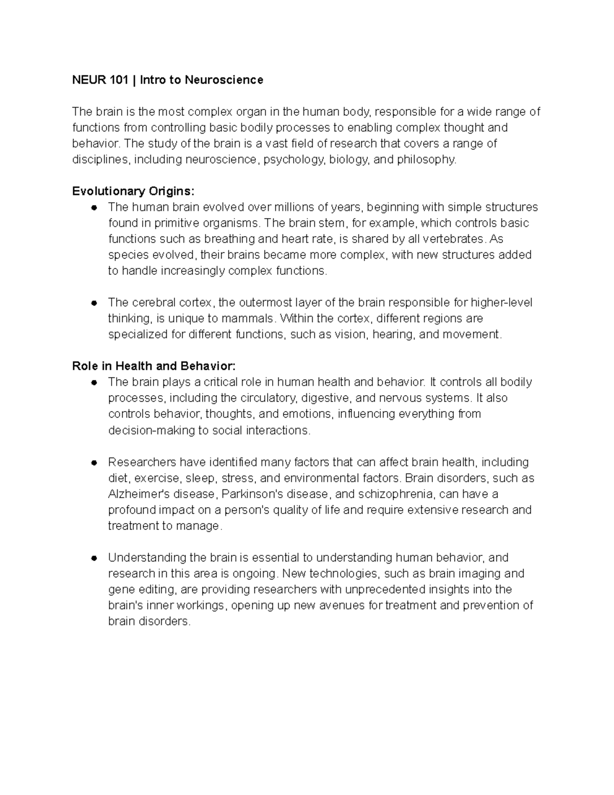 NEUR 101 Brain health, behavior, and systems notes - NEUR 101 | Intro ...