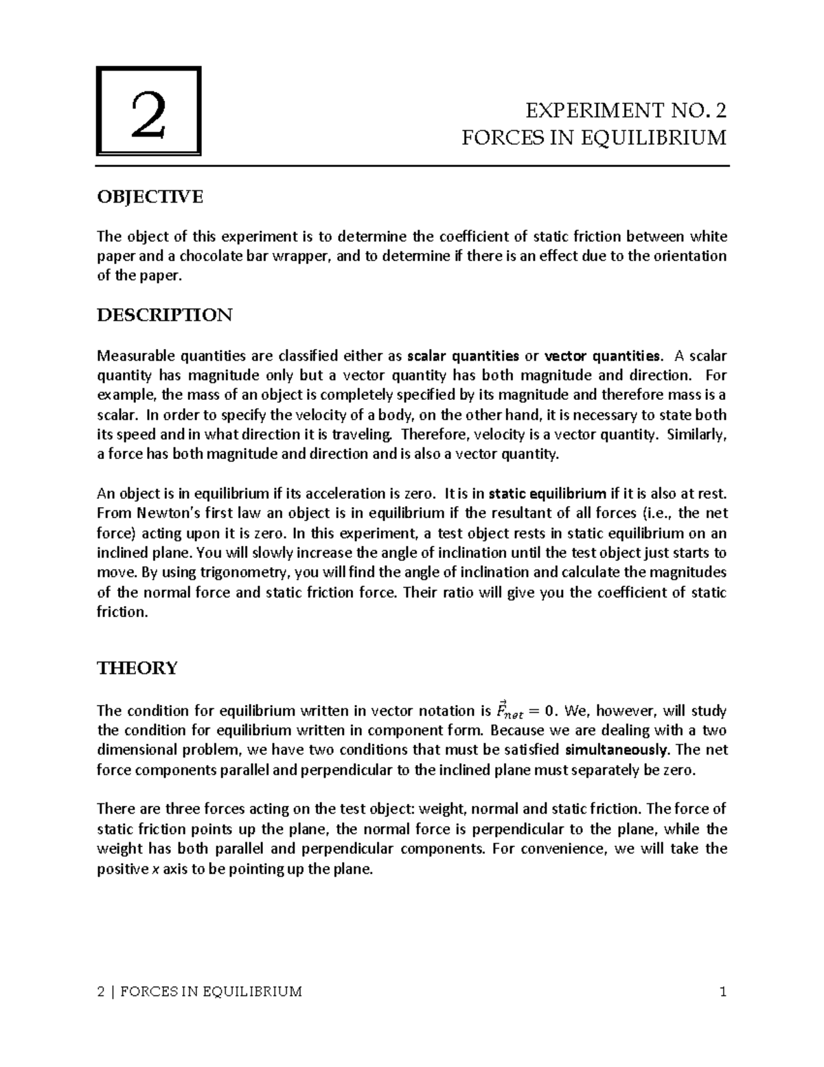 Forces in Equilibrium - EXPERIMENT NO. 2 FORCES IN EQUILIBRIUM ...