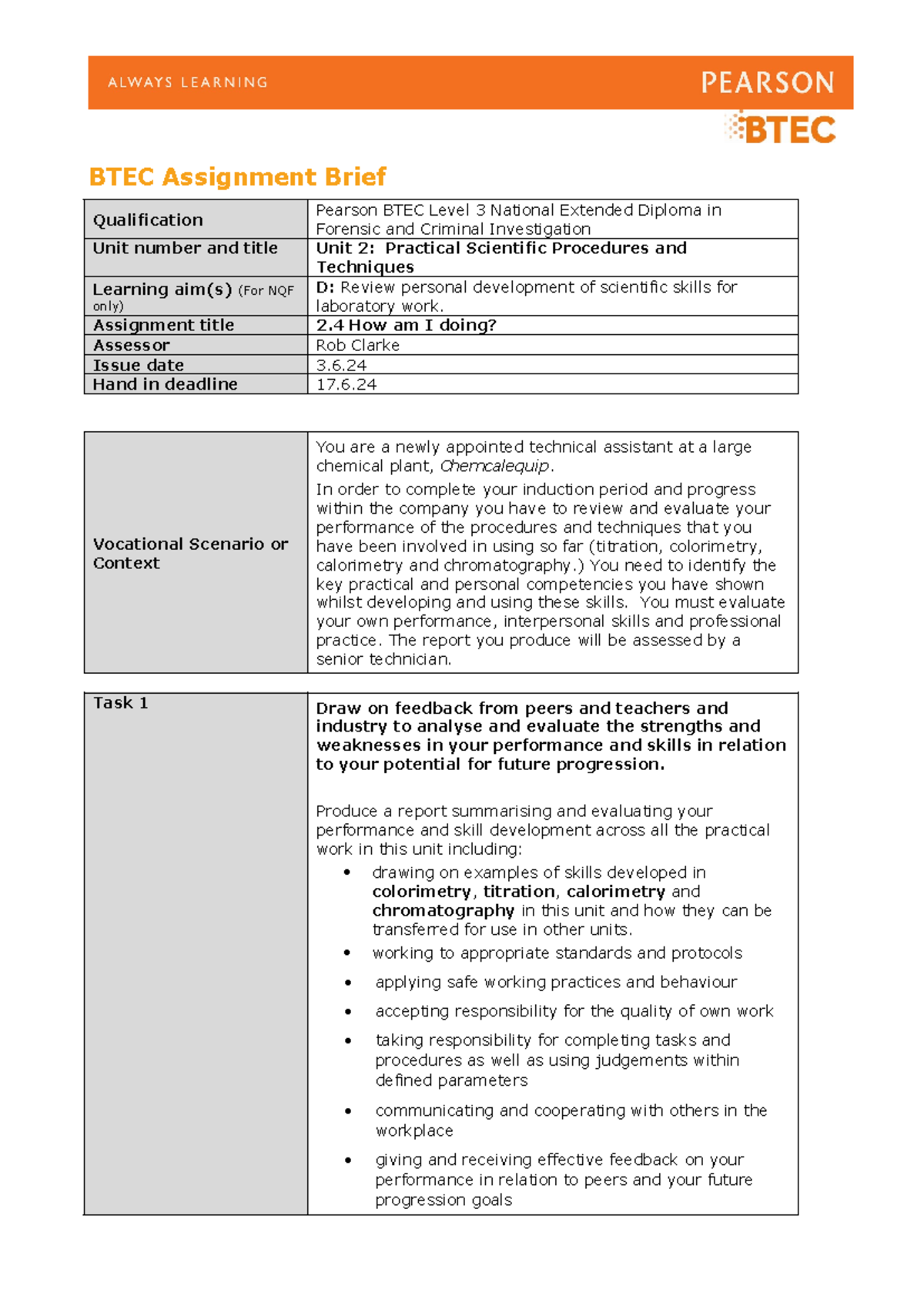 Unit 2 D brief - BTEC Assignment Brief Qualification Pearson BTEC Level 3 National Extended ...