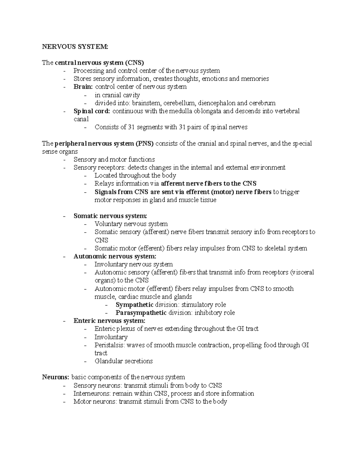 UNIT 4 Study Guide A&P 1 - NERVOUS SYSTEM: The central nervous system ...