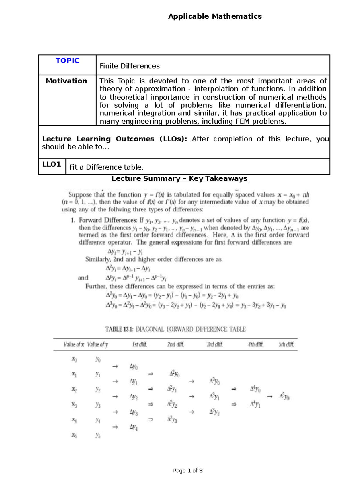 Finite Differences in Applicable Mathematics - Applicable Mathematics TOPIC Finite Differences ...