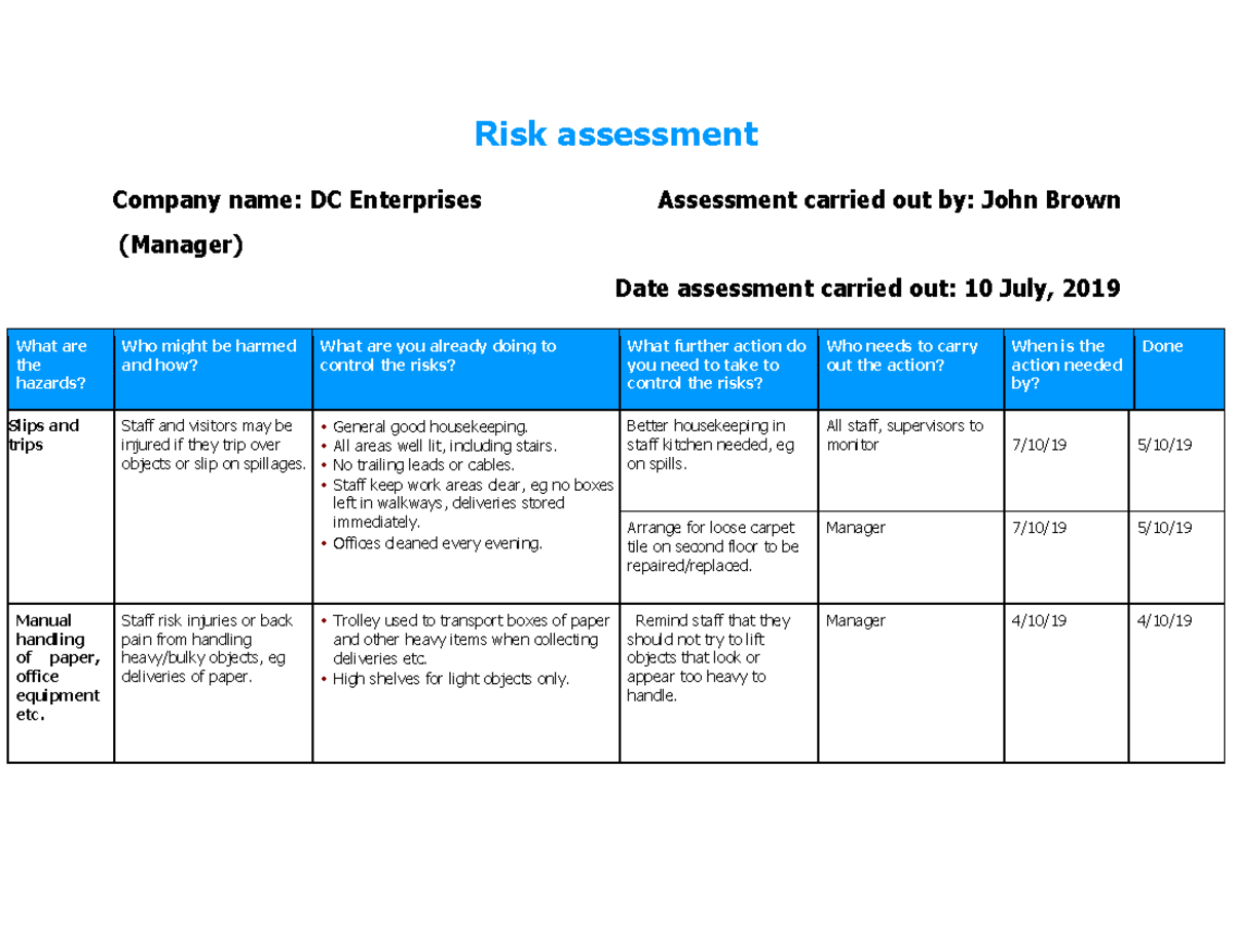 Risk assessment - Education - Risk assessment Company name: DC ...