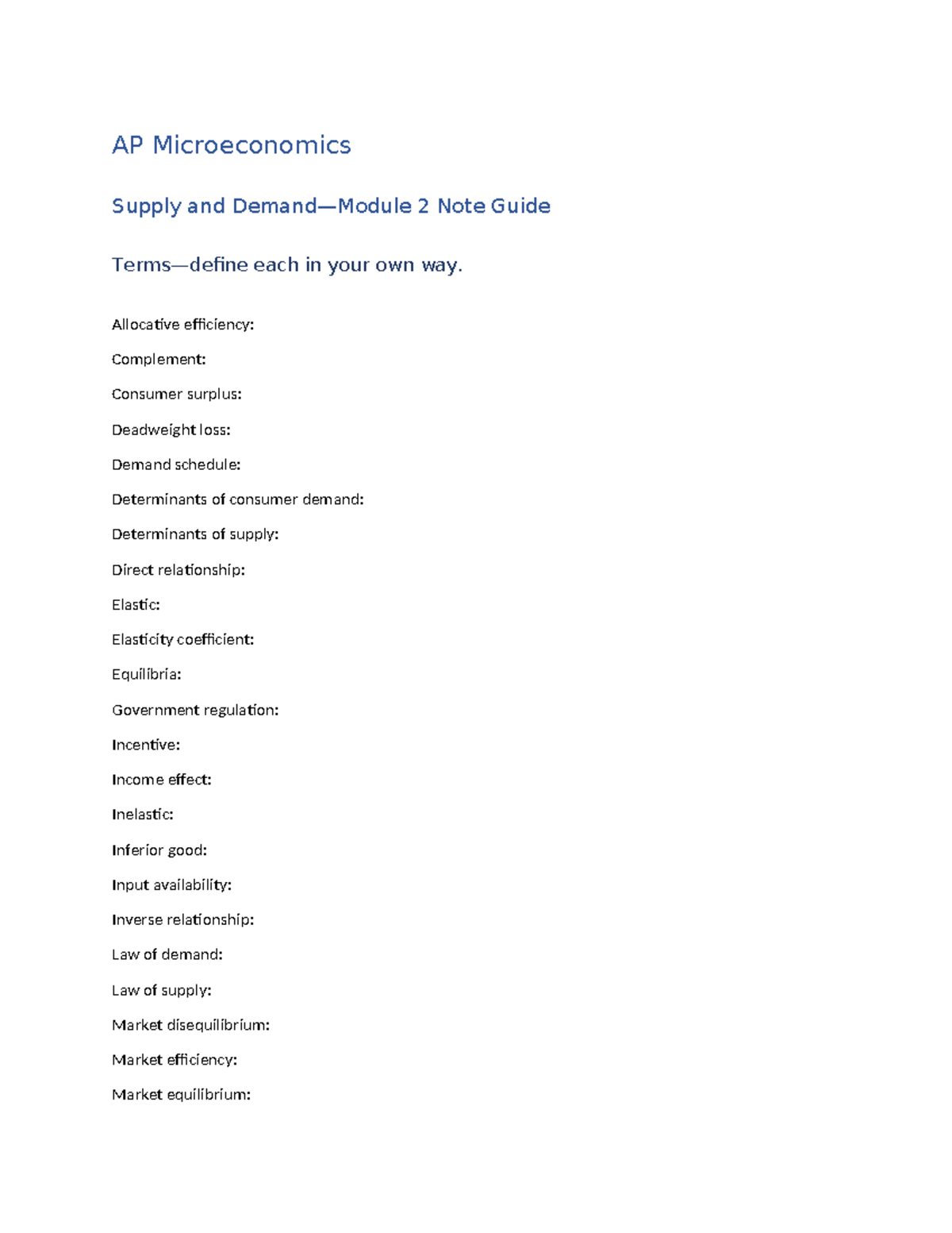 Supply and Demand Module Note Guide - AP Microeconomics Supply and ...