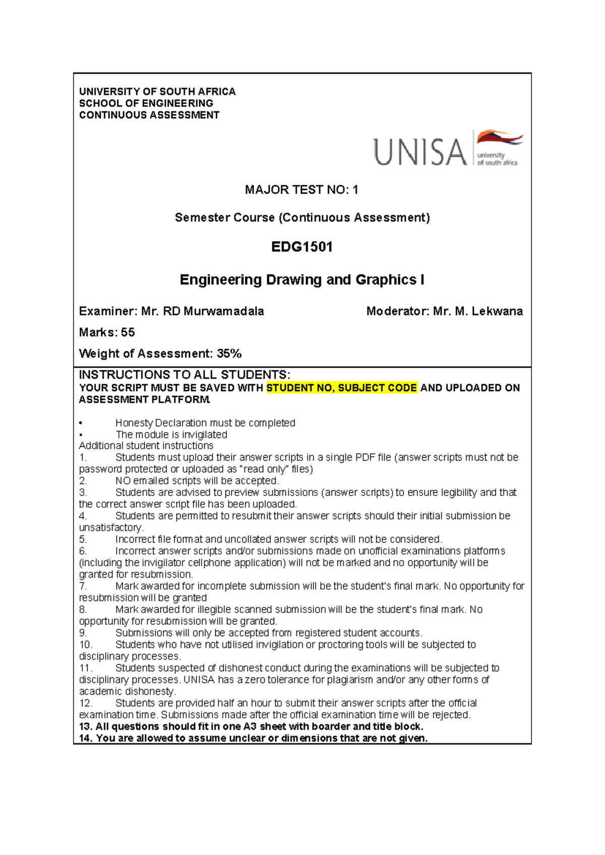 Major Test 1 Assessment 3 EDG1501 - UNIVERSITY OF SOUTH AFRICA SCHOOL ...