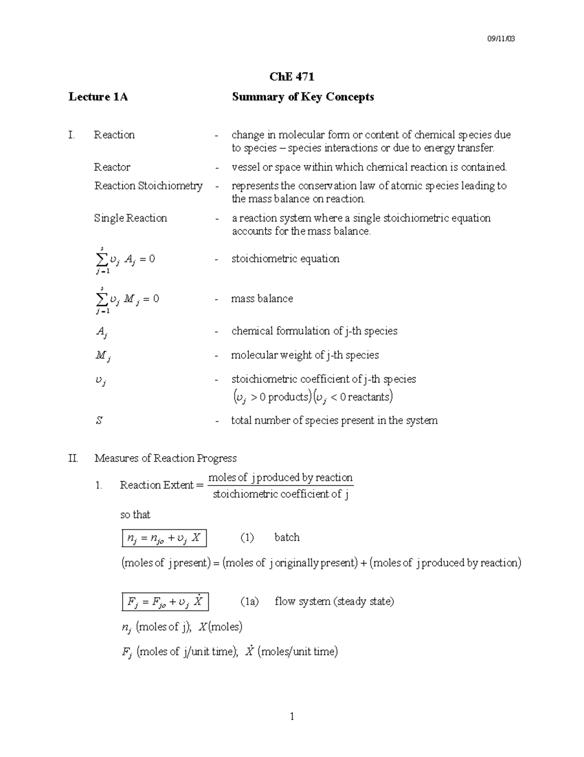 CHE471 2012-2013 Lecture 1A - Summary of Key Concepts - 09/11/03 ChE ...