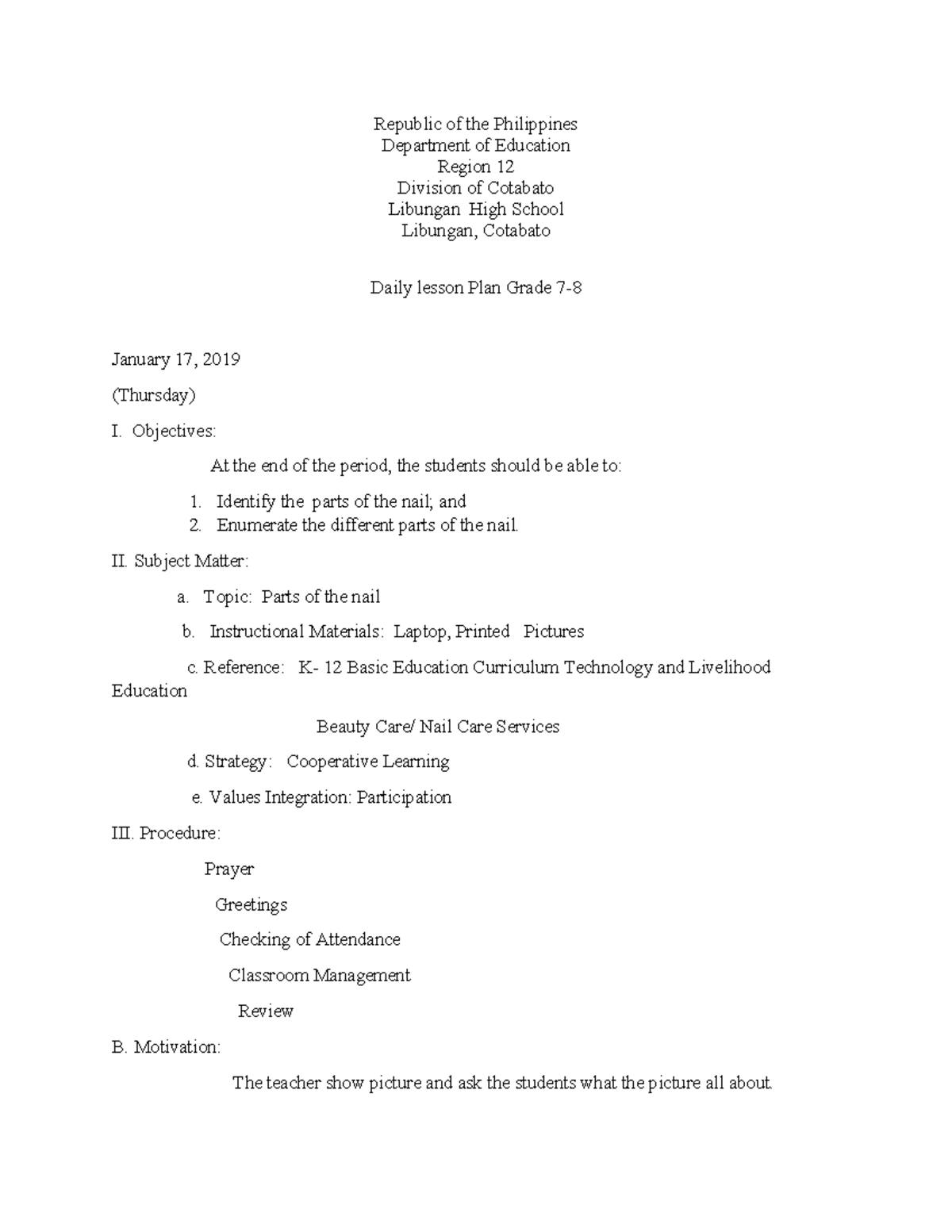 Lesson plan nail part - Republic of the Philippines Department of ...