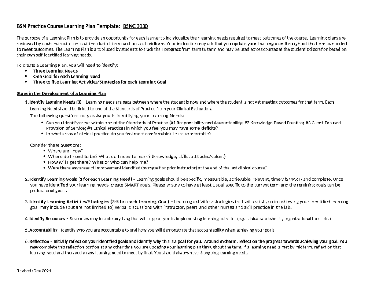 Learning Plan 2 - Learning plans are reviewed by each instructor once ...