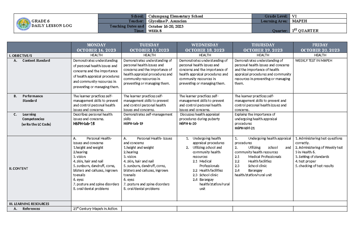 DLL Mapeh 6 Q1 W8 - GRADE 6 DAILY LESSON LOG School: Calumpang Elementary School Grade Level: VI ...