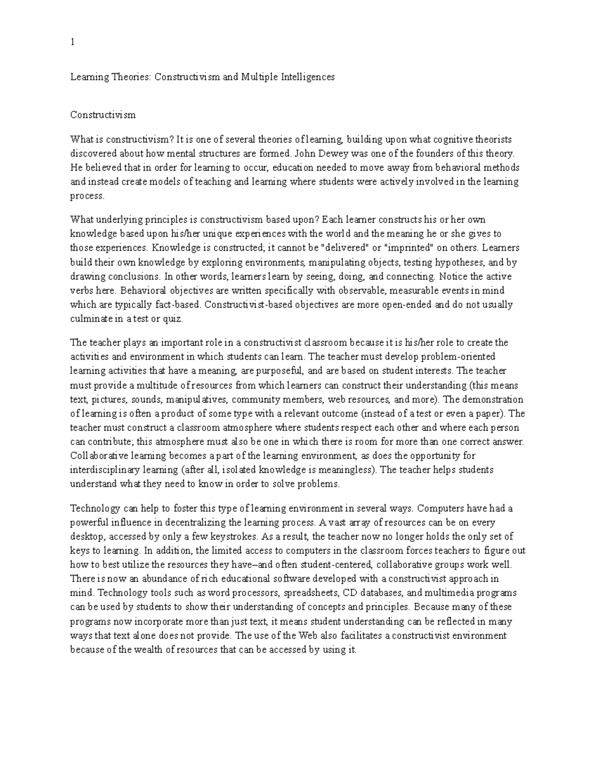 Reflection Activity - Learning Theories: Constructivism and Multiple ...