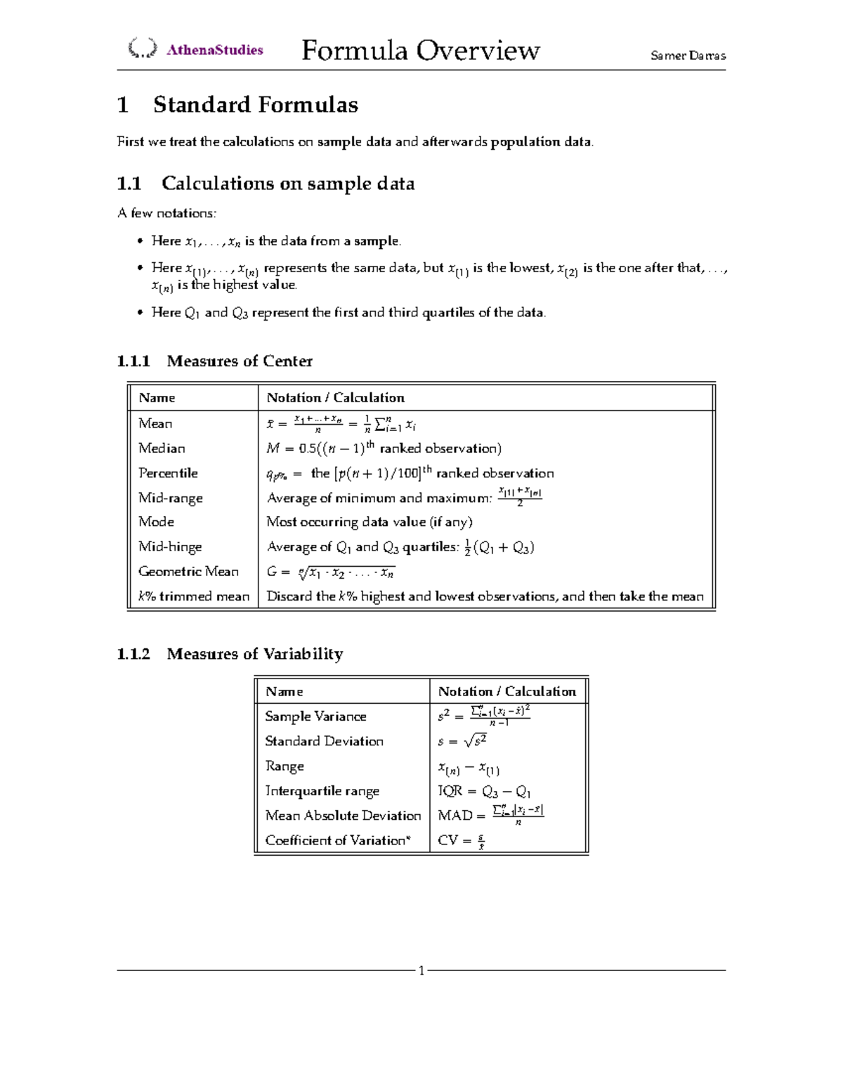 QRM II Formula Sheet - 1 Standard Formulas First we treat the ...