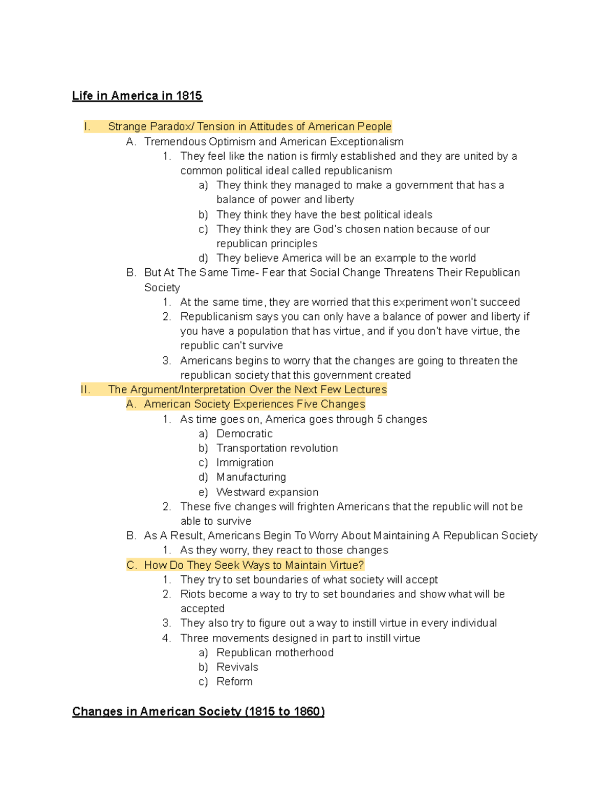 HIST- 2nd Half Semester - Life in America in 1815 I. Strange Paradox ...